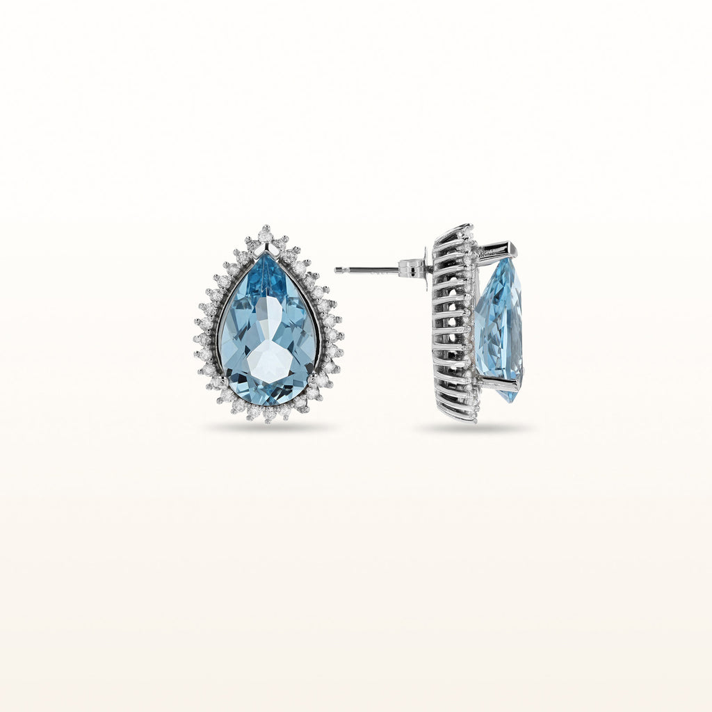 Pear Shaped Blue Topaz and Diamond Halo Stud Earrings in 14kt White Go ...
